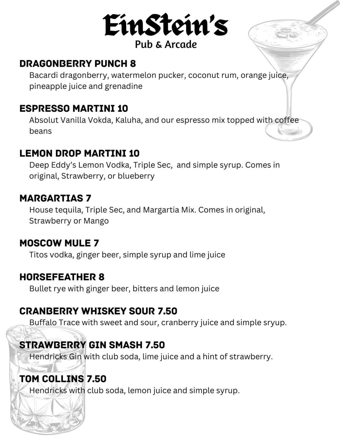 Menu - EinStein's Pub & Arcade: Bar in Richmond, TX
